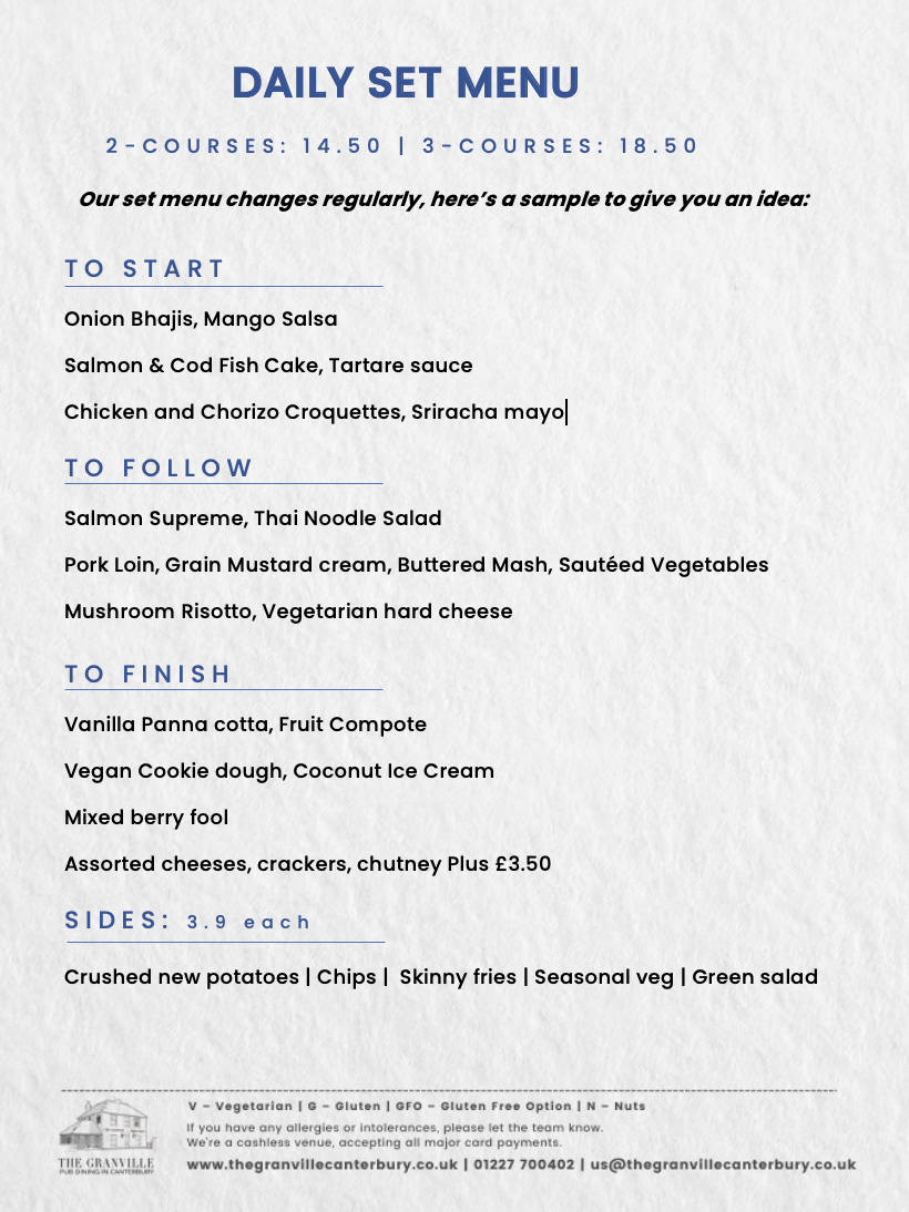 Our Menus - The Granville