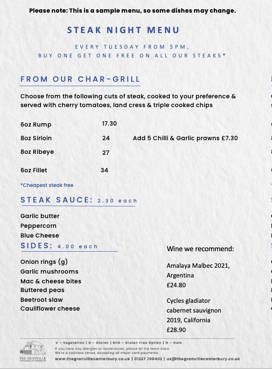 Our Menus - The Granville